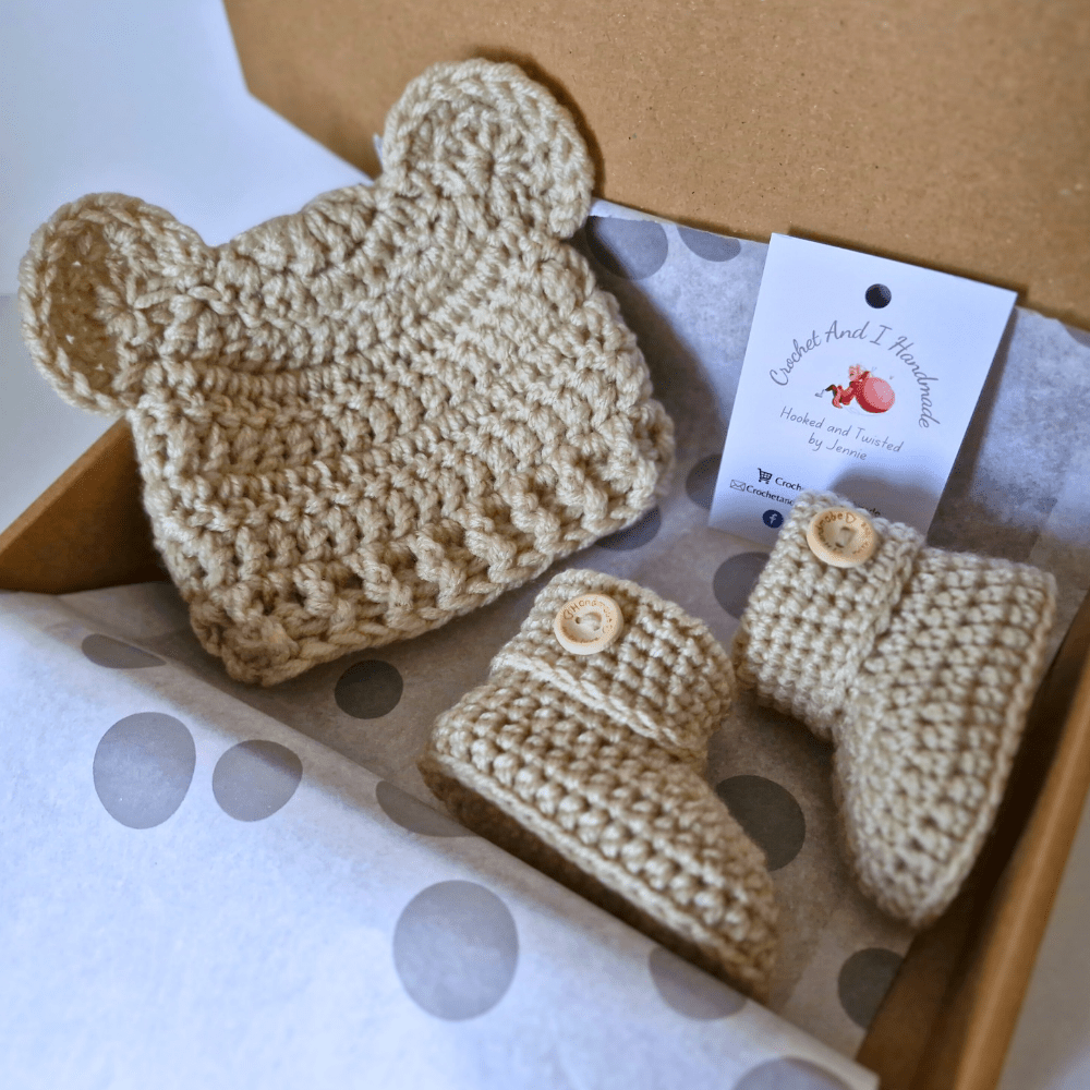 Teddy Bear Crochet Hat & Bootie Set – Handmade Baby Gift (0-6 Months ...